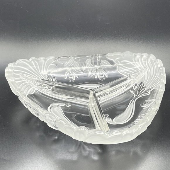 Mikasa Dining Mikasa Satin Frosted Crystal Peacock Tulip Etched Divided Serving Dish Rare mikasa-dining-mikasa-satin-frosted-crystal-peacock-tulip-etched-divided-serving-dish-rare